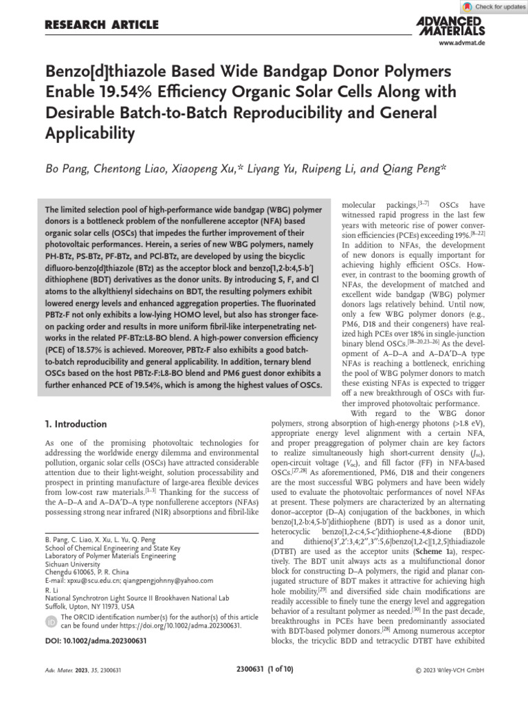 Benzo[d]Thiazole Based Wide Bandgap Donor Polymers | PDF | Physical ...