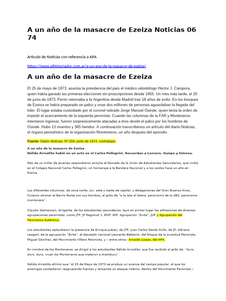 1974 06 A Un Año de La Masacre de Ezeiza Noticias 06 74 | PDF | Argentina