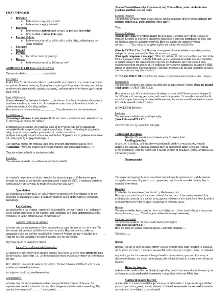 Evidence Essay Issue Sheet | PDF | Evidence (Law) | Relevance (Law)