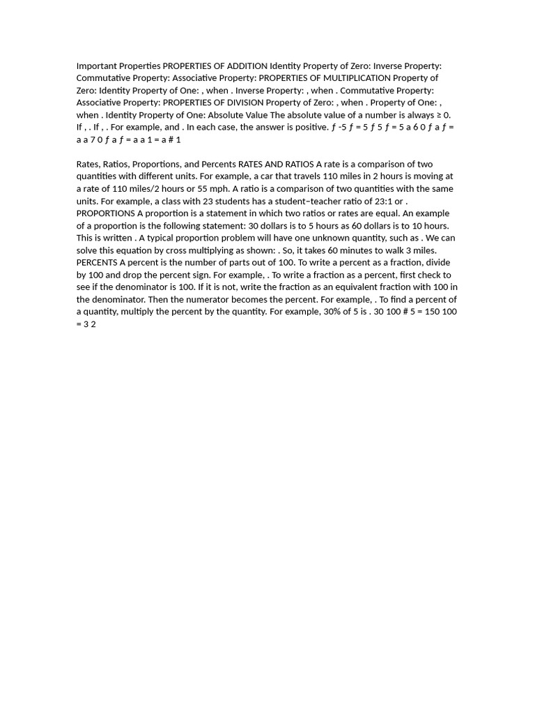Important Properties PROPERTIES OF ADDITION Identity Property of Zero | PDF