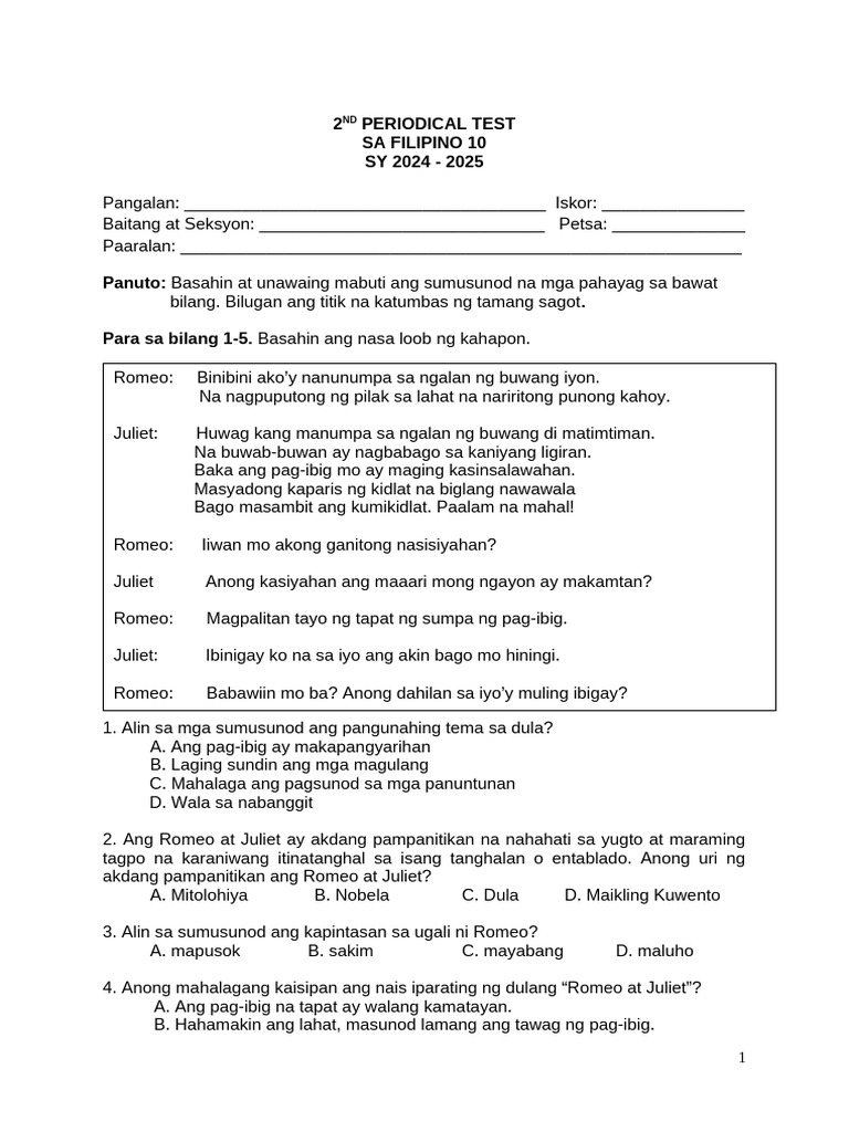 2ND Periodical Test Filipino-10 | PDF