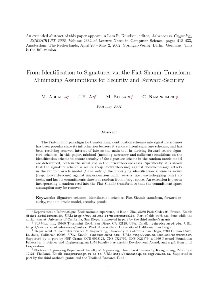 HOT_From Identification to Signatures via the Fiat-Shamir Transform | PDF | Function ...
