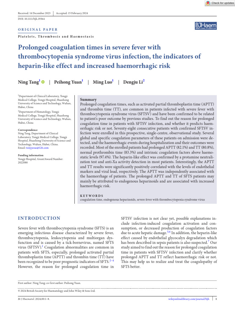 Prolonged coagulation times in severe fever with thrombocytopenia ...