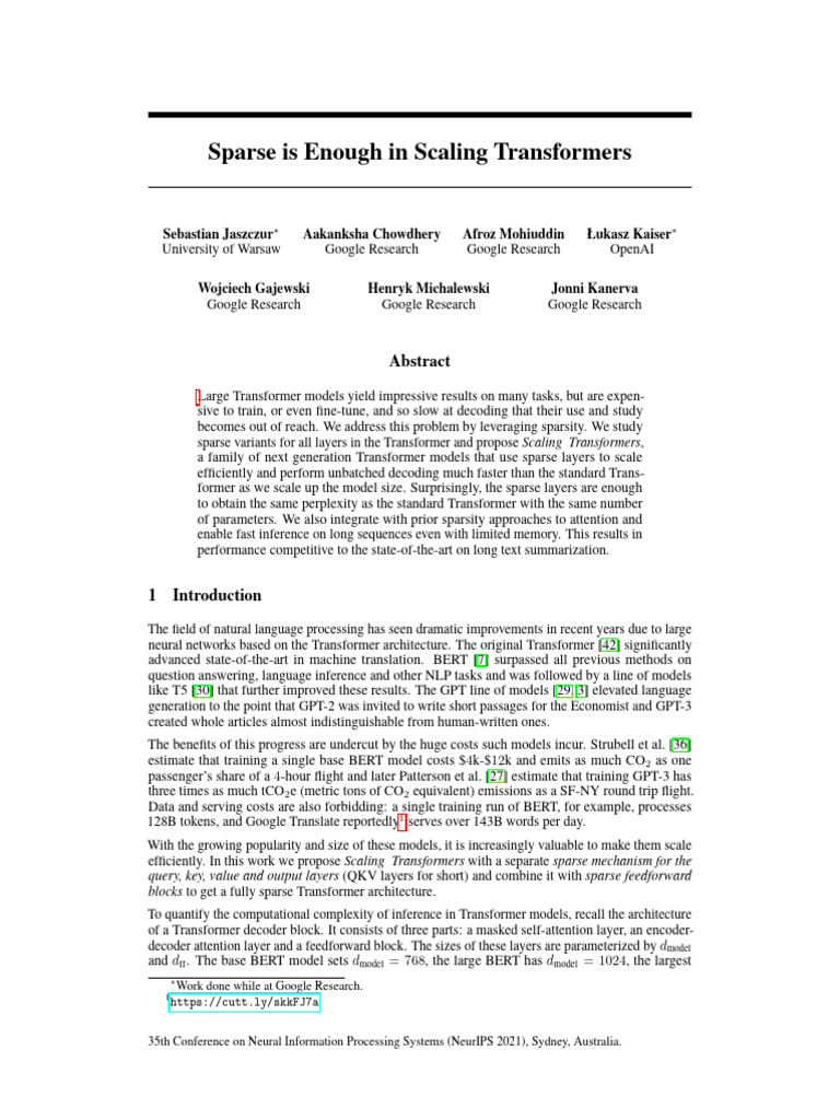 Jaszczur Et Al - Sparse Is Enough in Scaling Transformers | PDF | Applied Mathematics ...