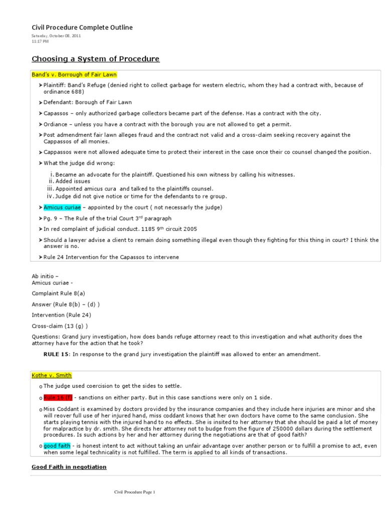 Civil Procedure Complete Outline | PDF | Lawsuit | Pleading