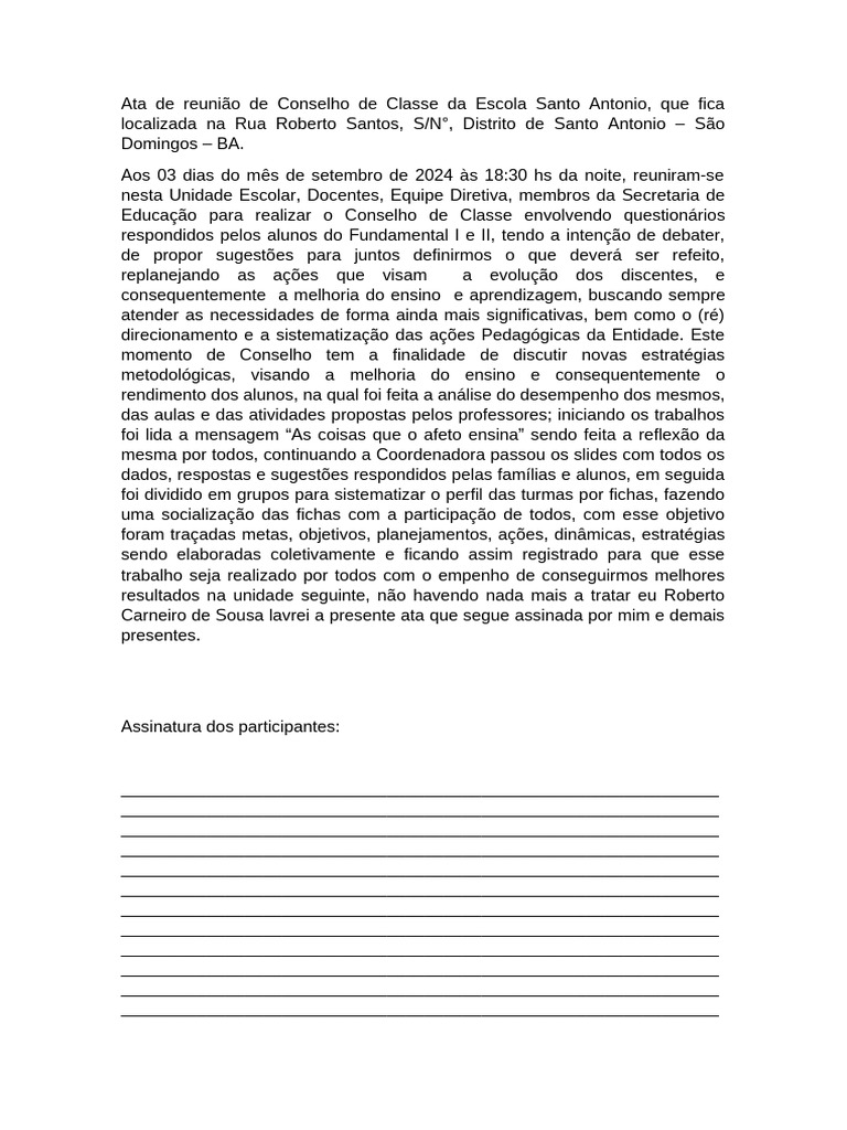 Ata de reunião de Conselho de Classe da Escola Santo Antonio | PDF | Pedagogia