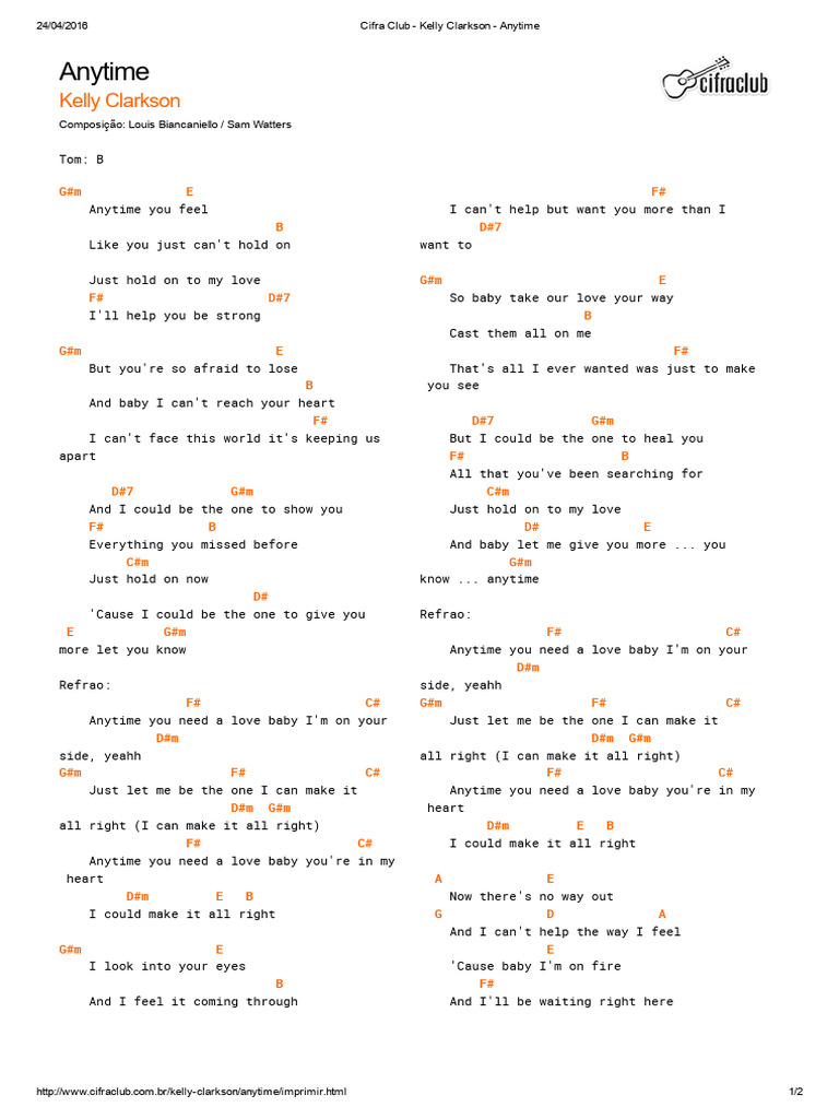 Kelly Clarkson Anytime Lyrics and Chords | PDF | Pop Rock | Sound Recording