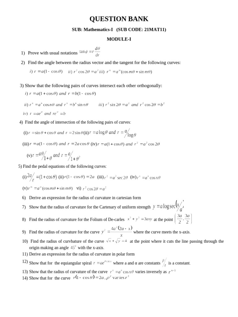 QUESTION BANK M1 2022-23 | PDF | Curvature | Eigenvalues And Eigenvectors