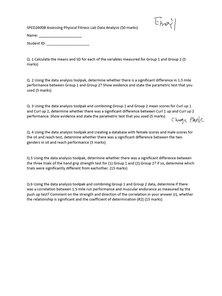SPED2600B Assessing Physical Fitness Lab Data Analysis | PDF