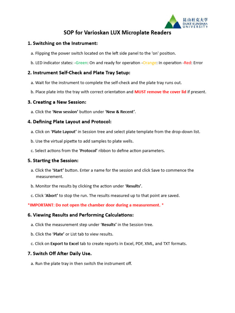 SOP - Varioskan LUX Microplate Reader | PDF