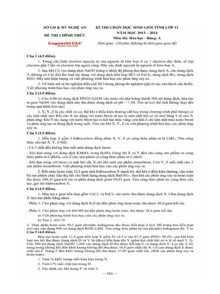 Đề thi HSG Hoá 11 (Nghệ An14) | PDF