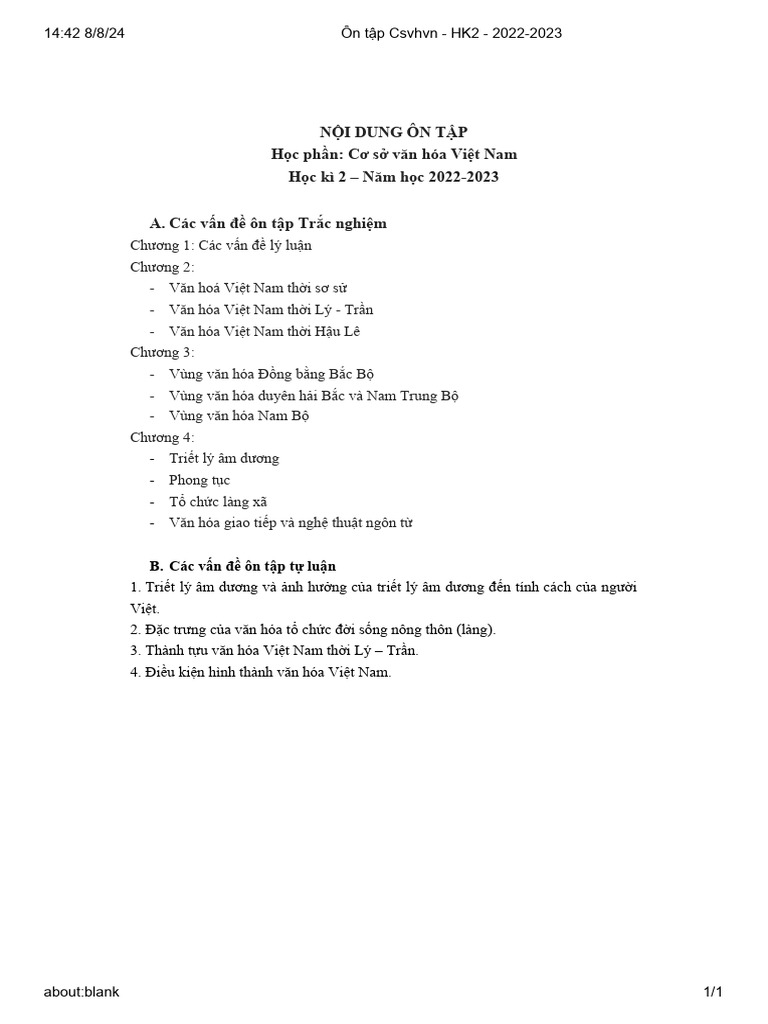 Noi Dung On Tap Co So Van Hoa Truong Dai Hoc Ngoai Ngu Hue 111412 | PDF