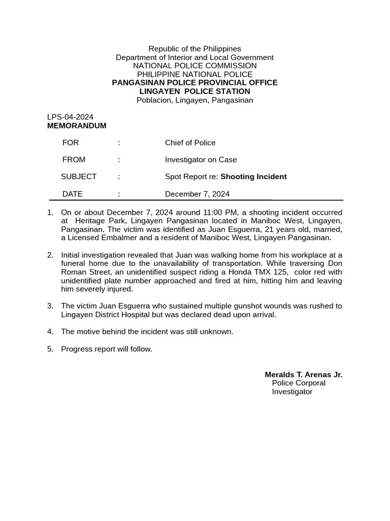 Pangasinan Shooting Incident Report | PDF