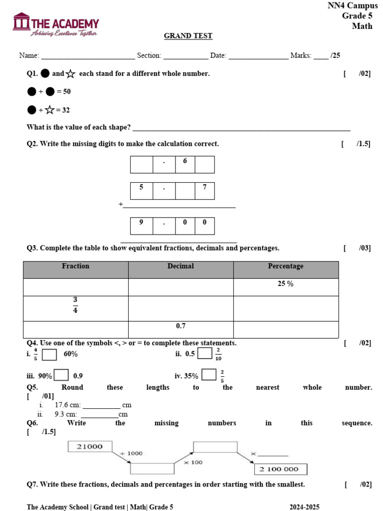 Grand Test-Math-Grade 5 | PDF | Mathematics | Division (Mathematics)