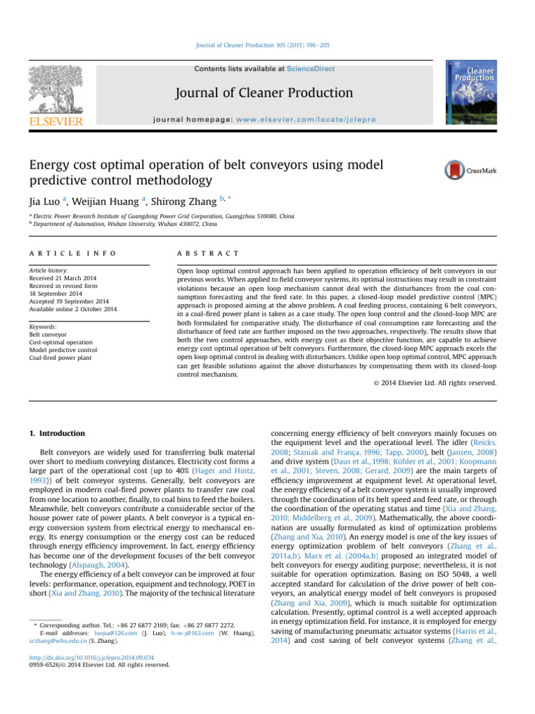 Energy Cost Optimal Operation Of Belt Conveyors Using Model Predictive Control Methodology Pdf