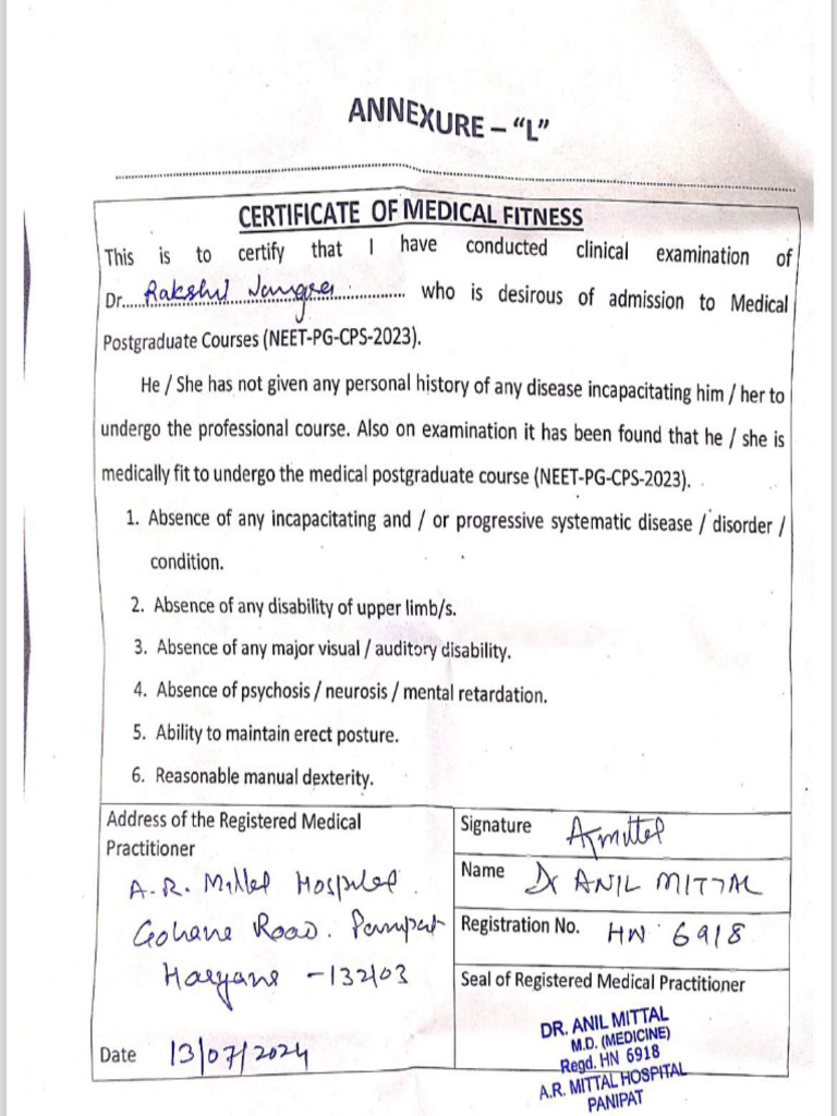 Annexure L Medical Certificate - Compressed | PDF