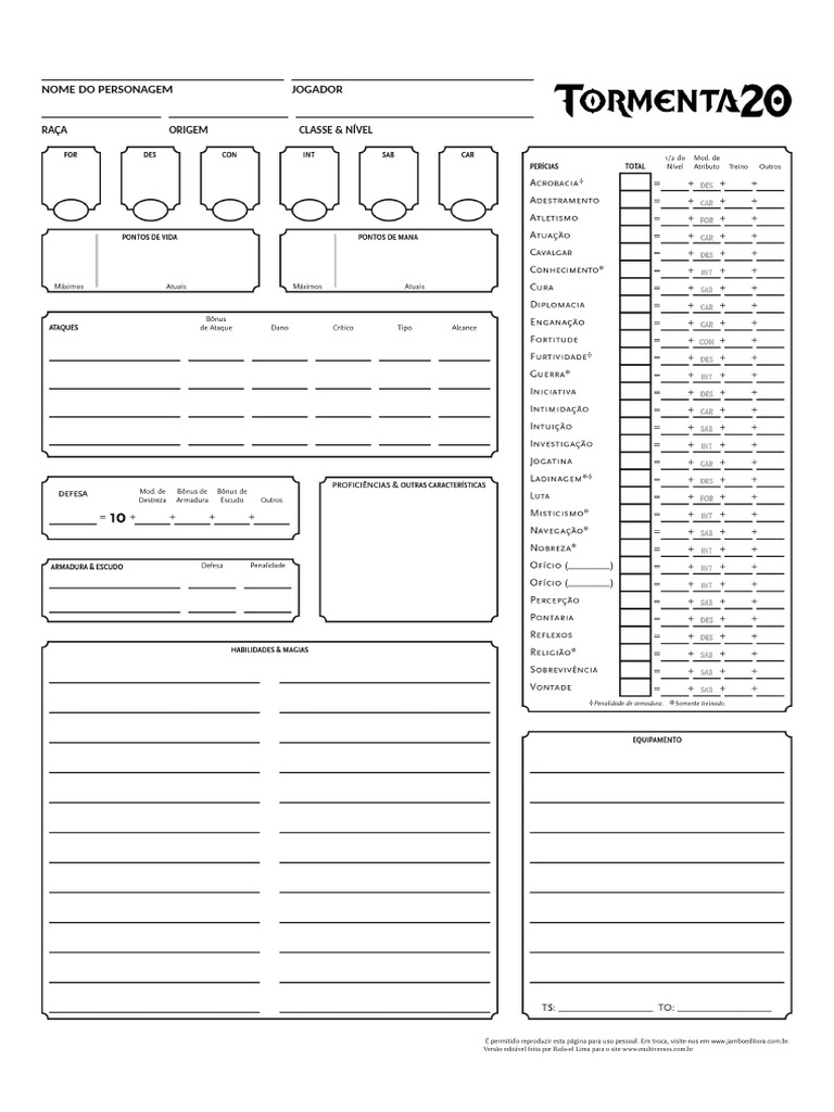 Ficha T20 EDITÁVEL v1.2 (Celular) | PDF