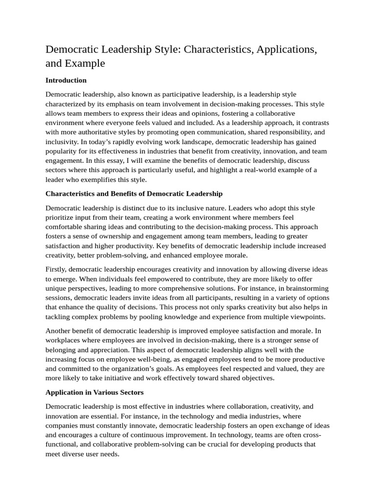 Democratic Leadership Style | PDF | Leadership | Creativity