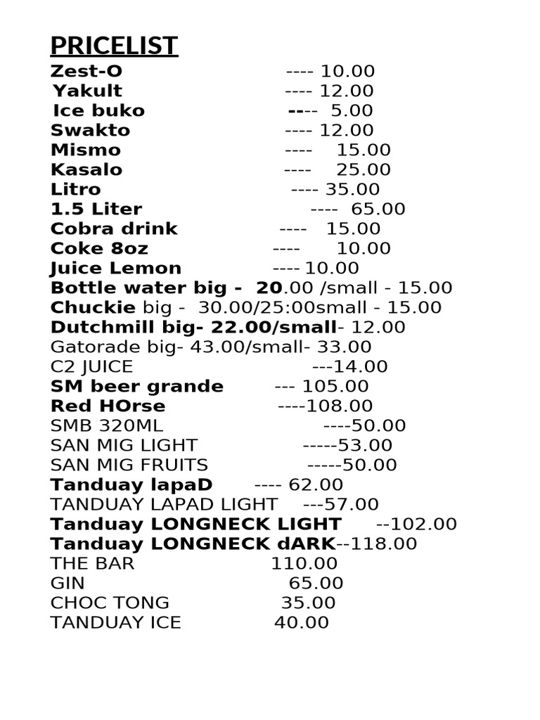 Comprehensive Price List of Beverages and Snacks | PDF