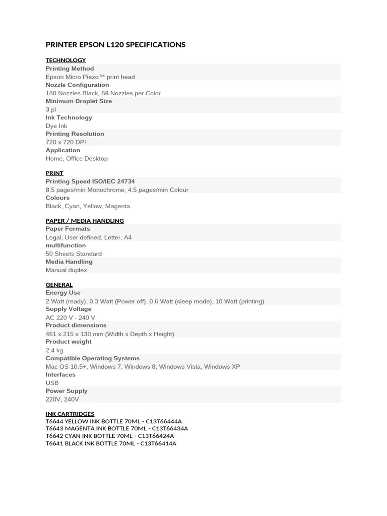 SPEK PRINTER EPSON L120 | PDF