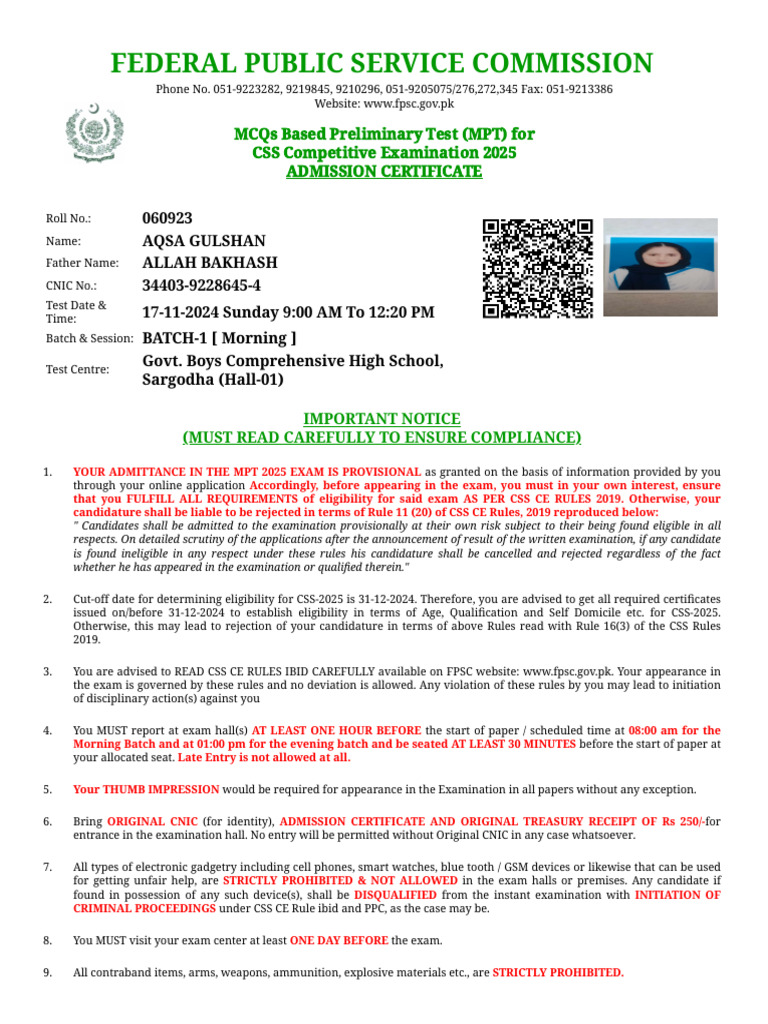 Online - Fpsc.gov - PK FPSC Css Prelim Exam 2025 BK Reports Css MPT Ac ...