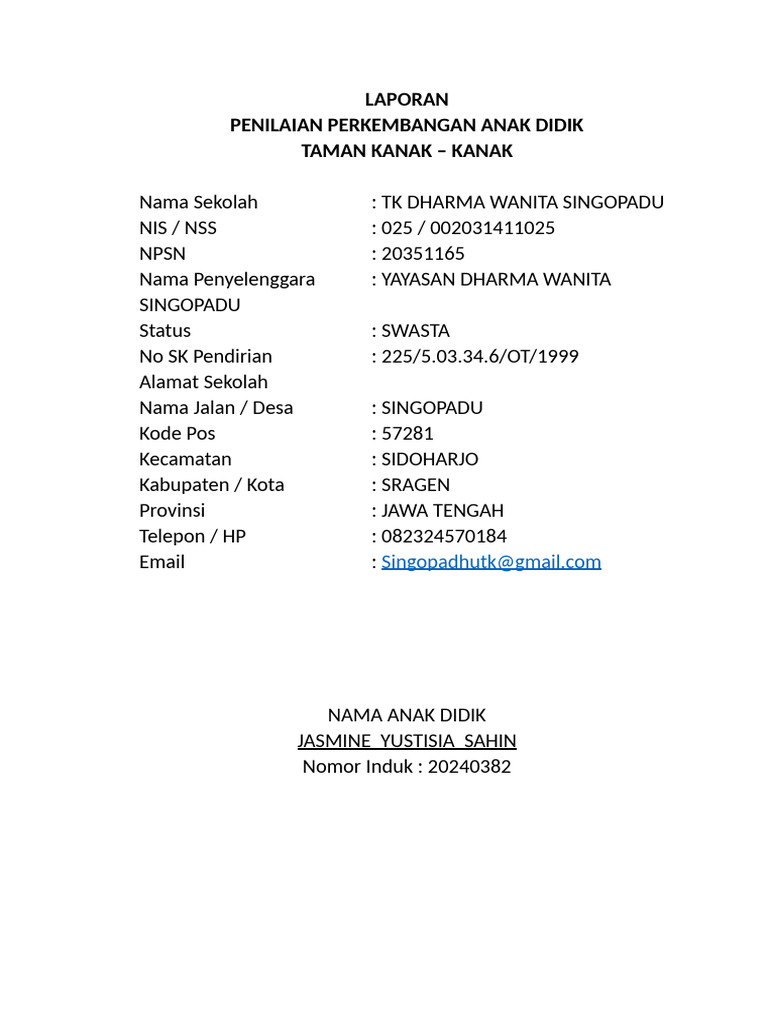 Identitas Depan Rapot Jasmine | PDF