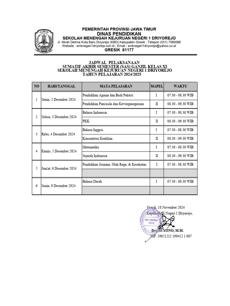 Jadwal SAS Ganjil Tahun 2024 | PDF