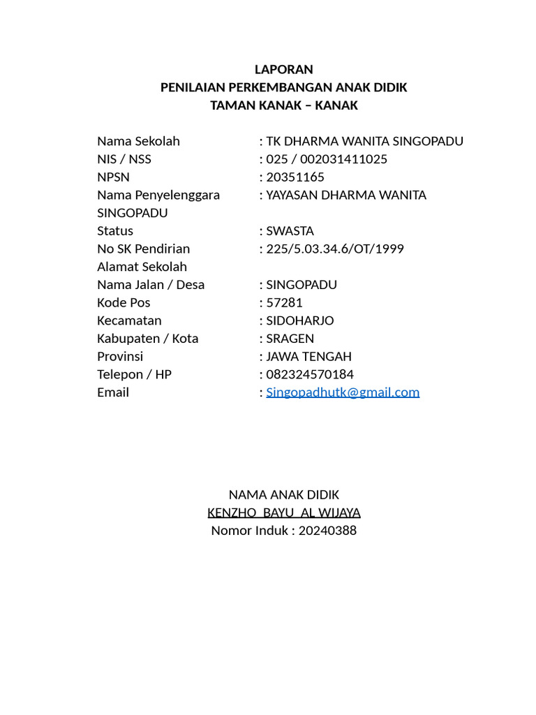 Identitas Depan Rapot Kenzho | PDF