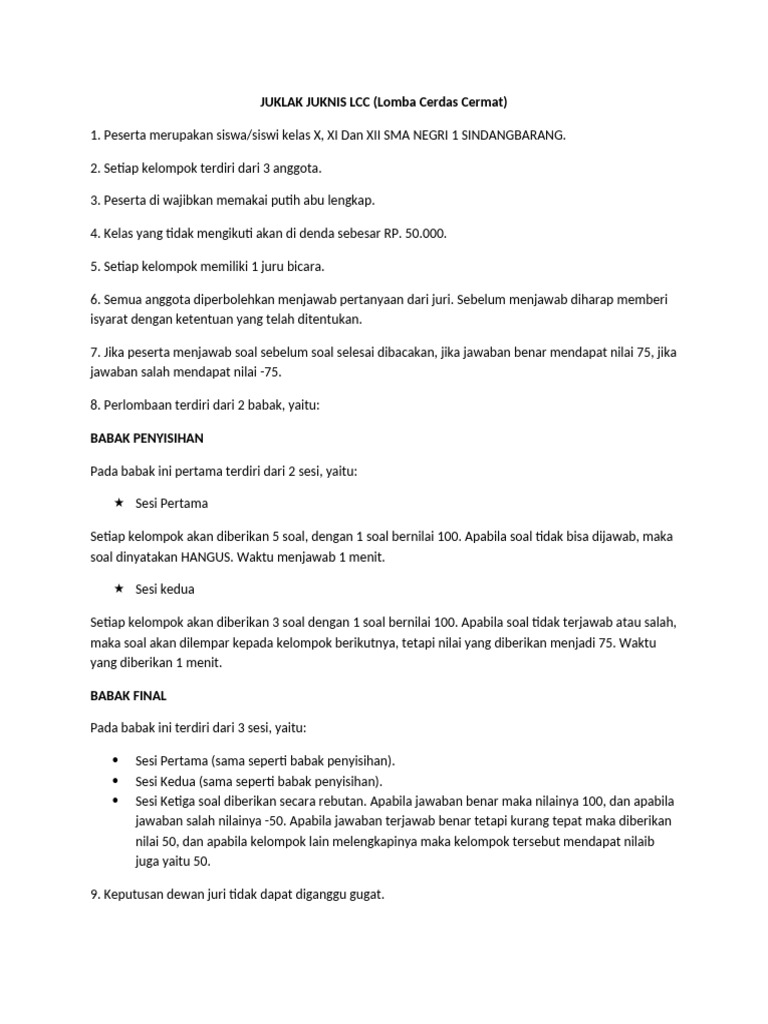 JUKLAK JUKNIS LCC ( lomba cerdas cermat) | PDF