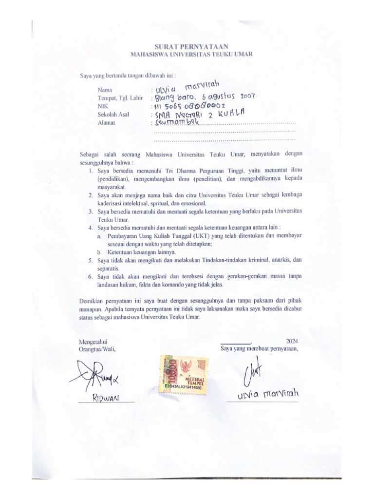 Surat Pernyataan Maba | PDF