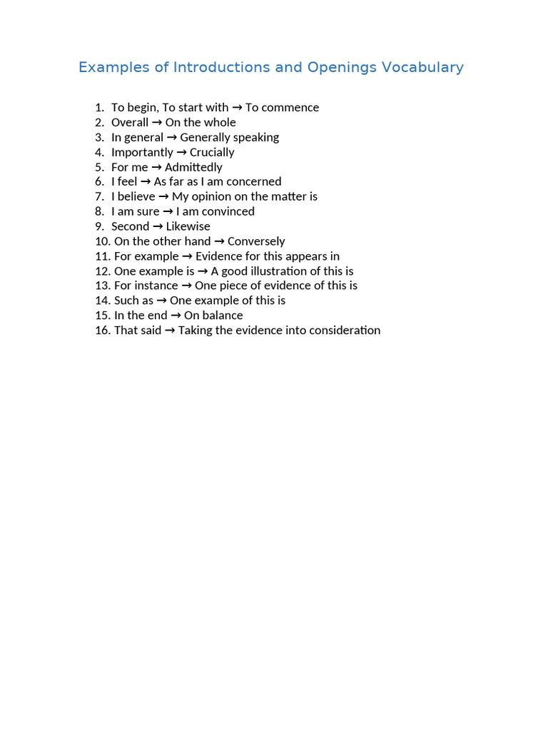 Examples of Introductions and Openings Vocabulary | PDF