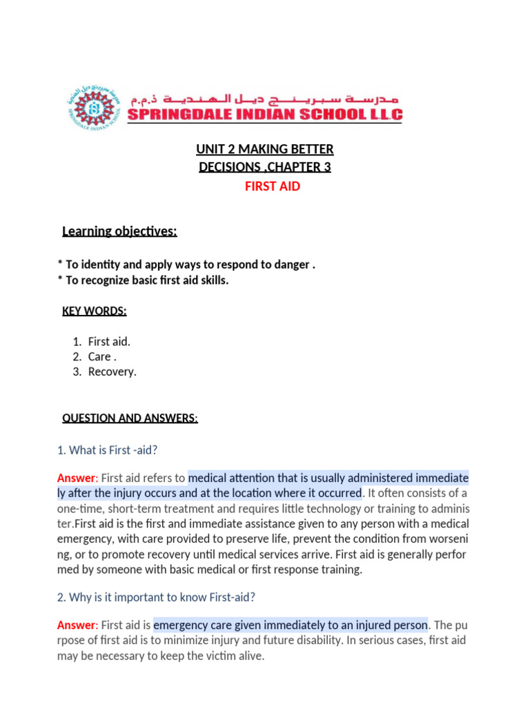 MORAL - EDUCATION - NOTES - UNIT - 2 - CHAPTER - 3 First-Aid | PDF
