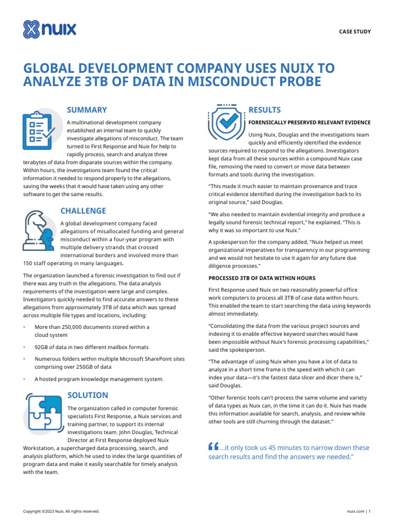 Case Study Nuix Global Development Company Misconduct Probe Web Us 0 | PDF | Trademark | Data