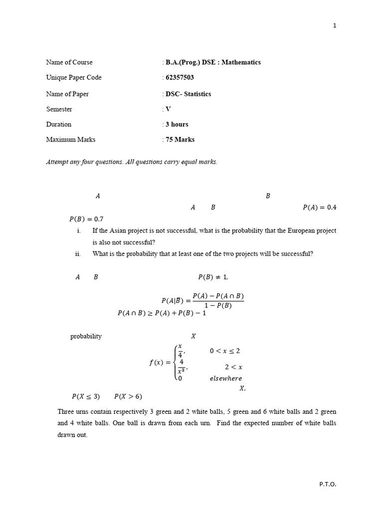 B.A. (Prog.) Dse Mathematics - Statistics | PDF | Probability Distribution | Variance