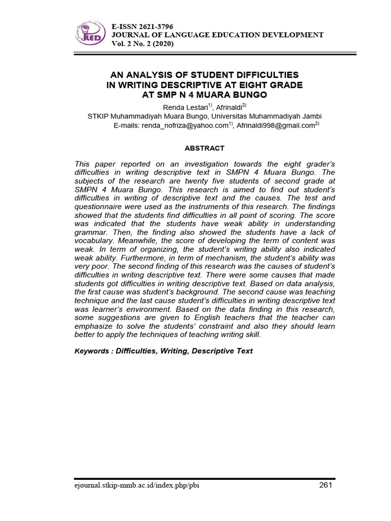 An Analysis of Student Difficulties in Writing Descriptive at Eight ...
