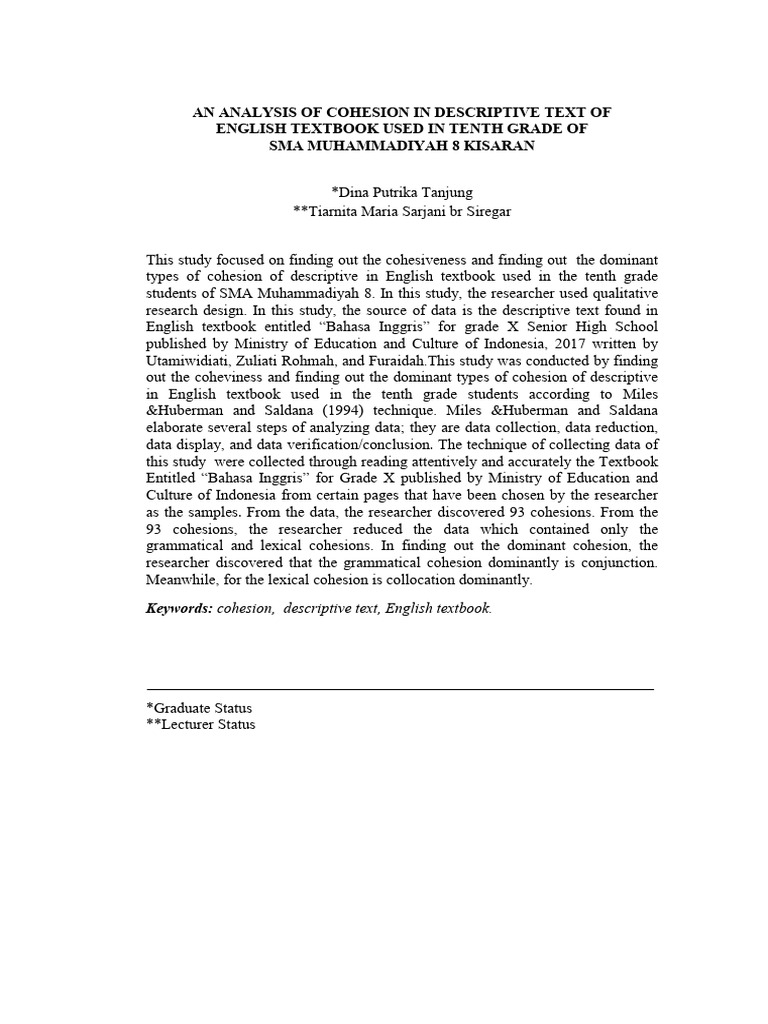 An Analysis Of Cohesion In Descriptive Text Of Pdf Curriculum