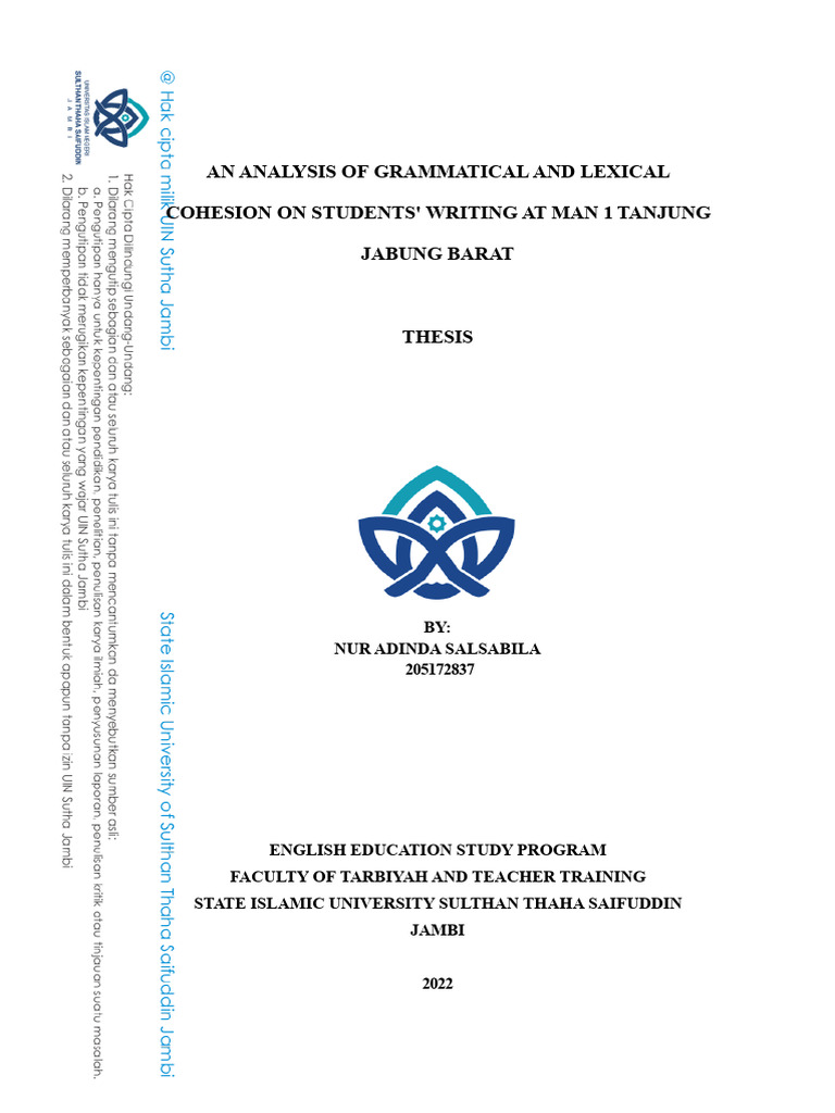 An Analysis of Grammatical and Lexical Cohesion on Students' Writing at MAN 1 Tanjung Jabung ...