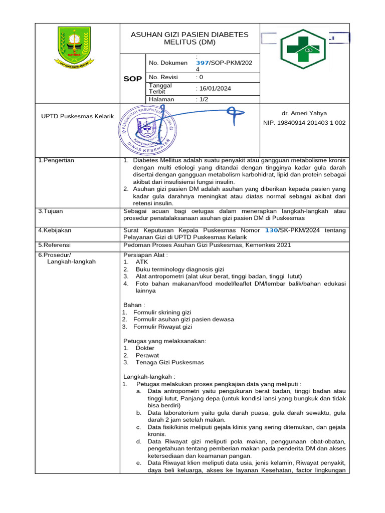 SOP Asuhan Gizi Pasien DM | PDF
