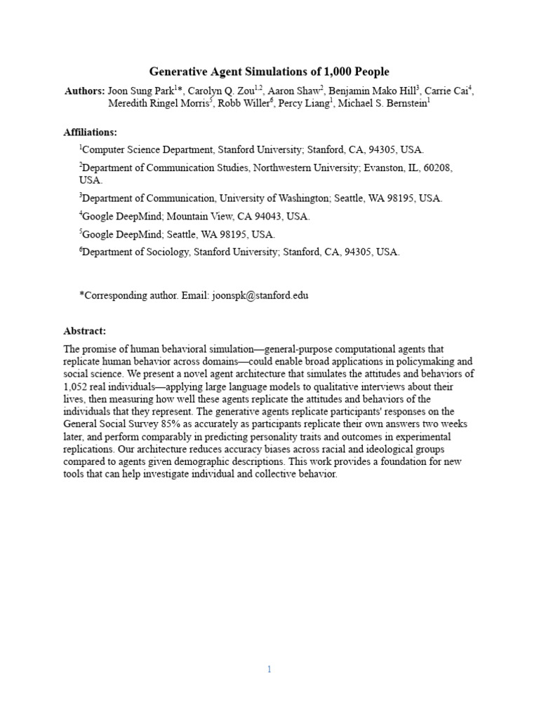 Generative Agent Simulations of 1,000 People: Authors | PDF | Survey ...
