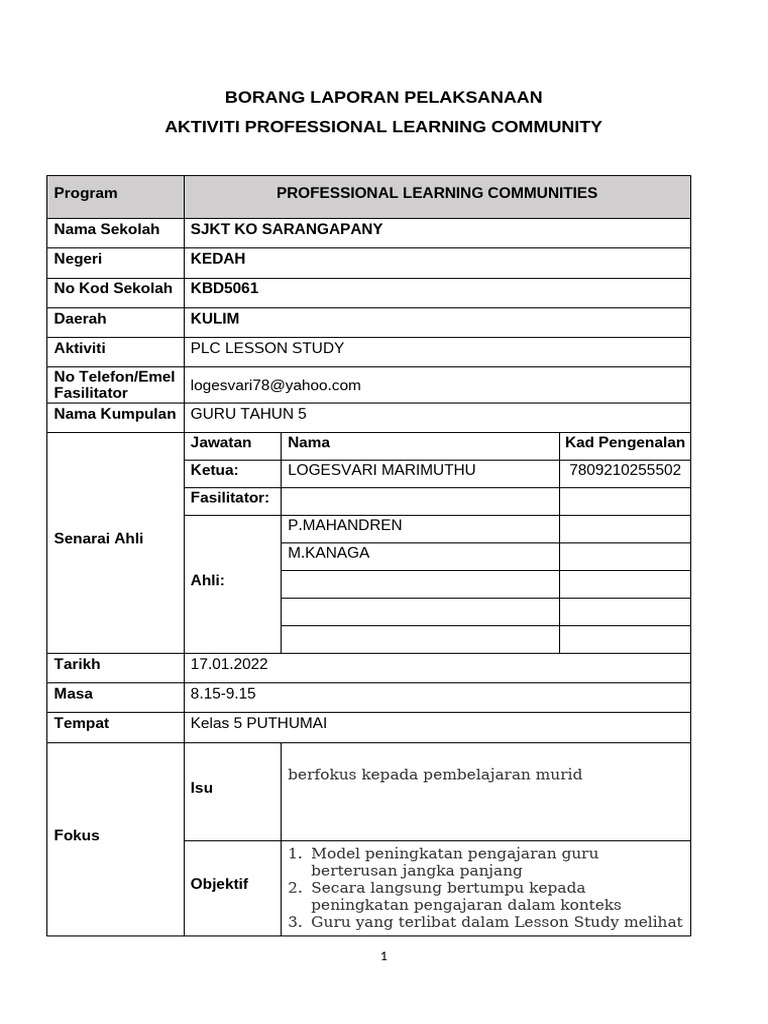 1d. Borang Laporan Pelaksanaan Aktiviti PLC 2022 | PDF