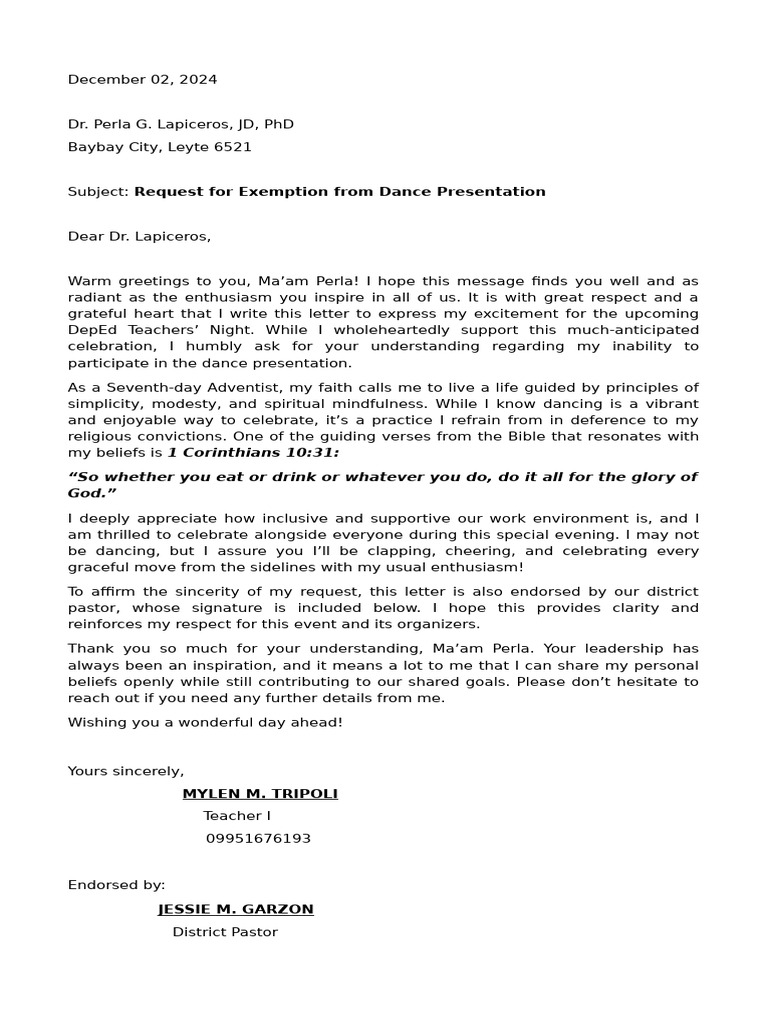 Excuse Letter For Dep - Ed Night | PDF