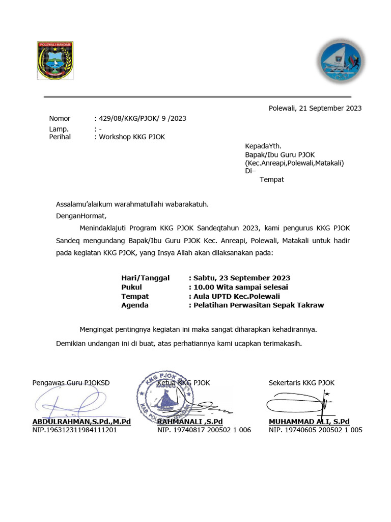 Undangan KKG PJOK Perwasitan Sepak Takraw(1) | PDF