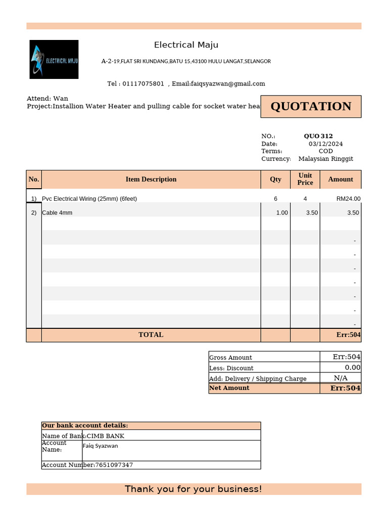 Water Heater Installation Quotation | PDF