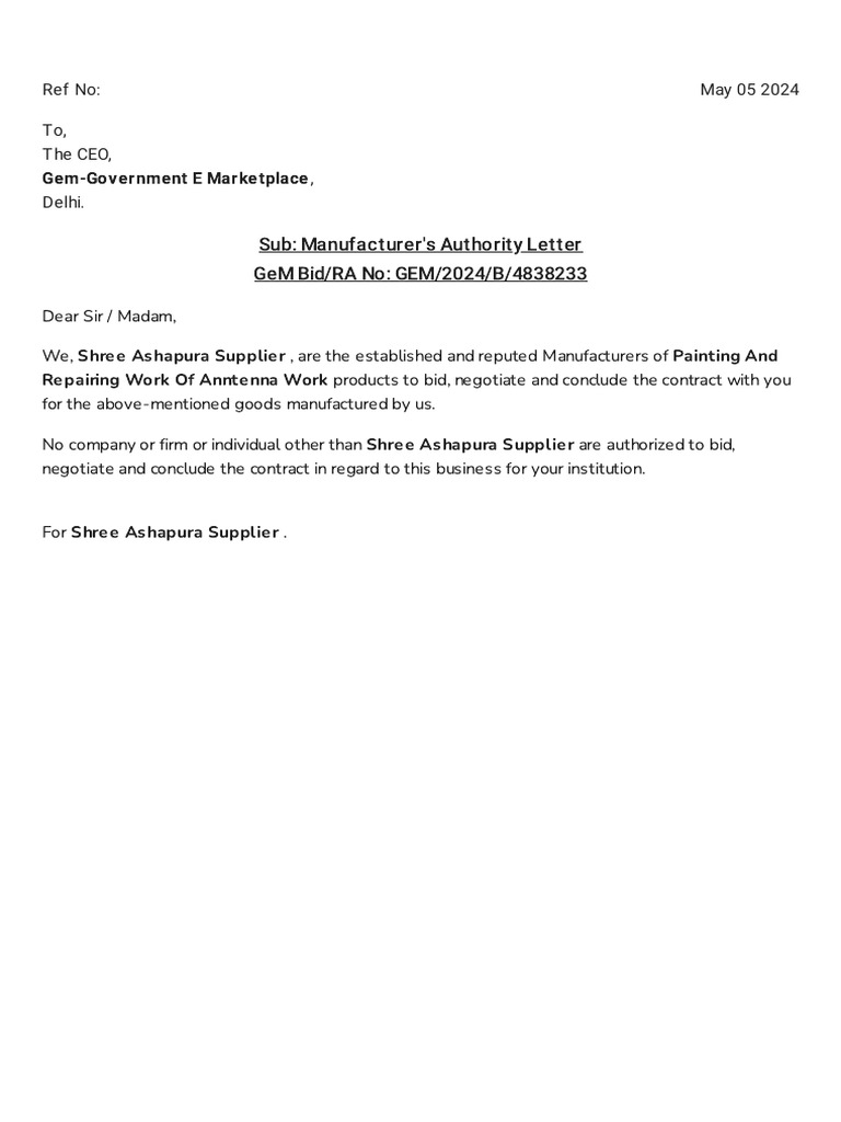 OEM Authorization Letter Generator For GeM - GeM Portal Course | PDF