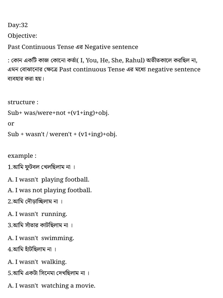 Past continuous Negative sentence | PDF