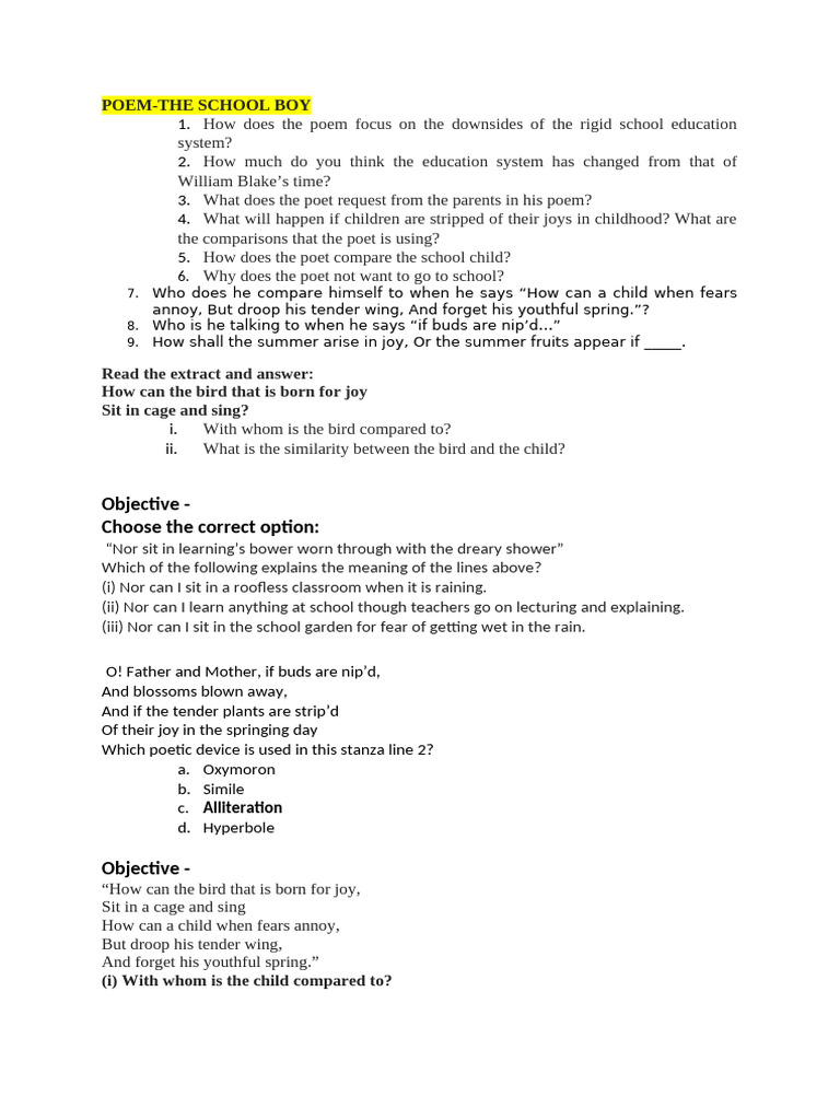 POEM-THE SCHOOL BOY_CBQ | PDF | Poetry