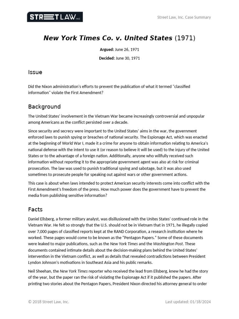 New York Times V Us Case Summary Streetlaw | PDF | First Amendment To ...