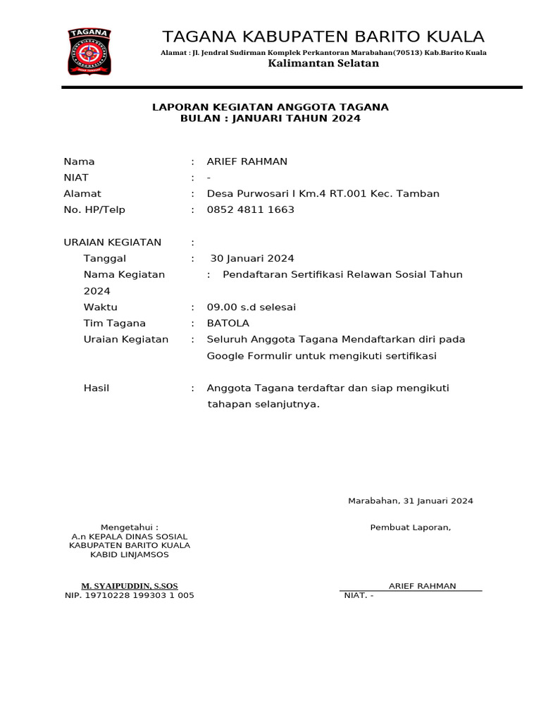 Laporan Kegiatan Anggota Tagana 2024 Arief | PDF