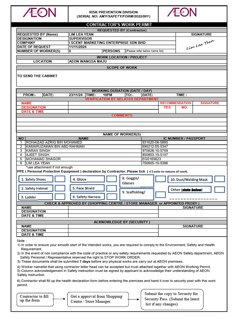 AEON Contractor Work Permit Guidelines | PDF | Electrician