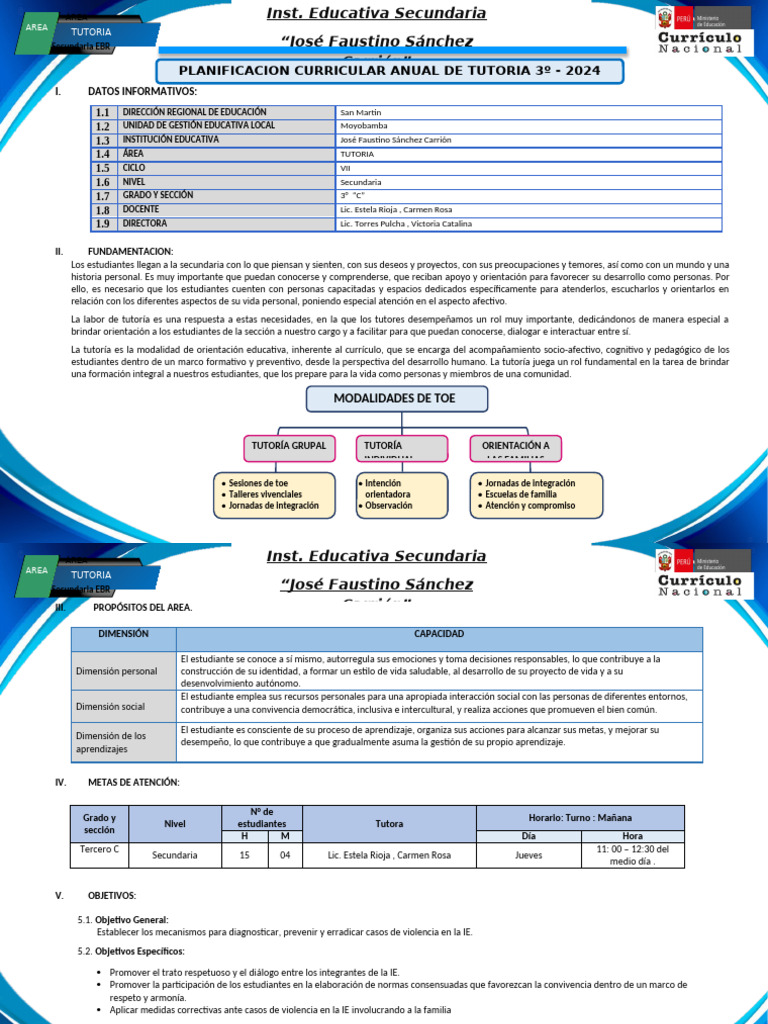 Plan Anual Tutoria 3° Sec | PDF | Aprendizaje | Evaluación